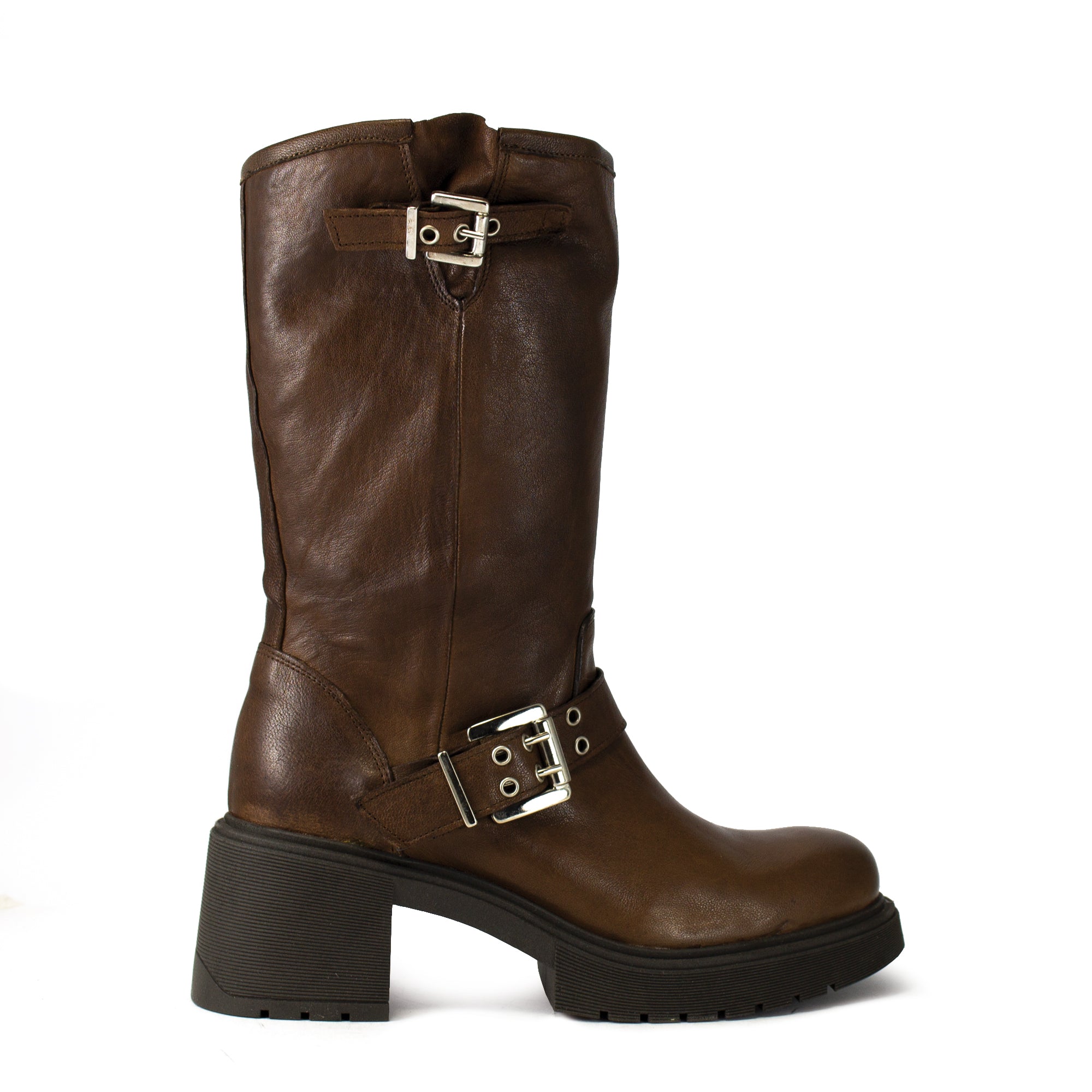 PETRA MARRONE - TEMY - Stivale biker con tacco 6 in pelle